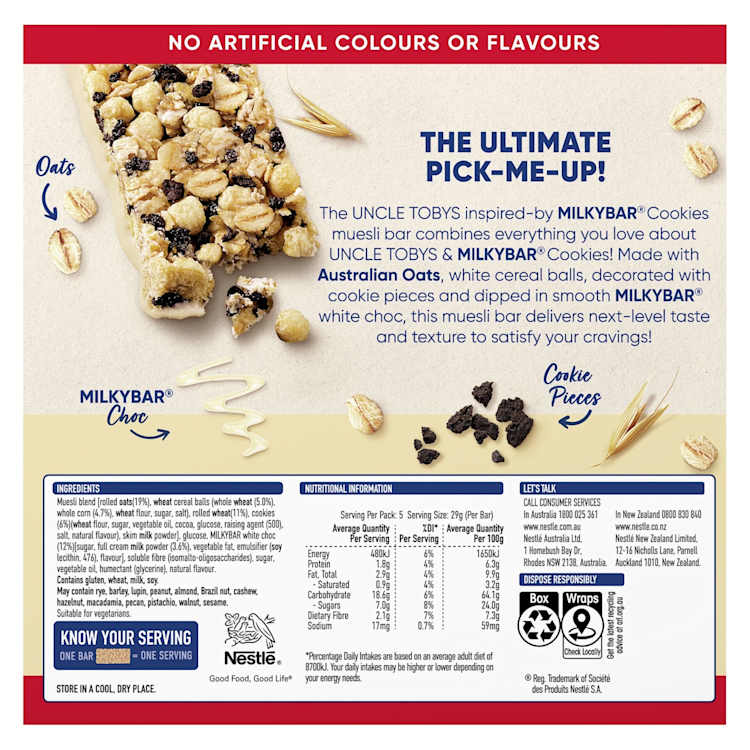 Uncle Tobys Muesli Bar Milkybar Cookies Muesli Bar 145g | IGA Shop Online