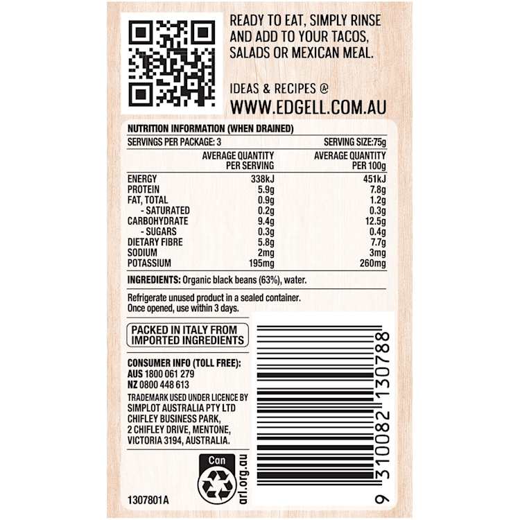 Edgell Organic No Added Salt Black Beans 400g | IGA Shop Online